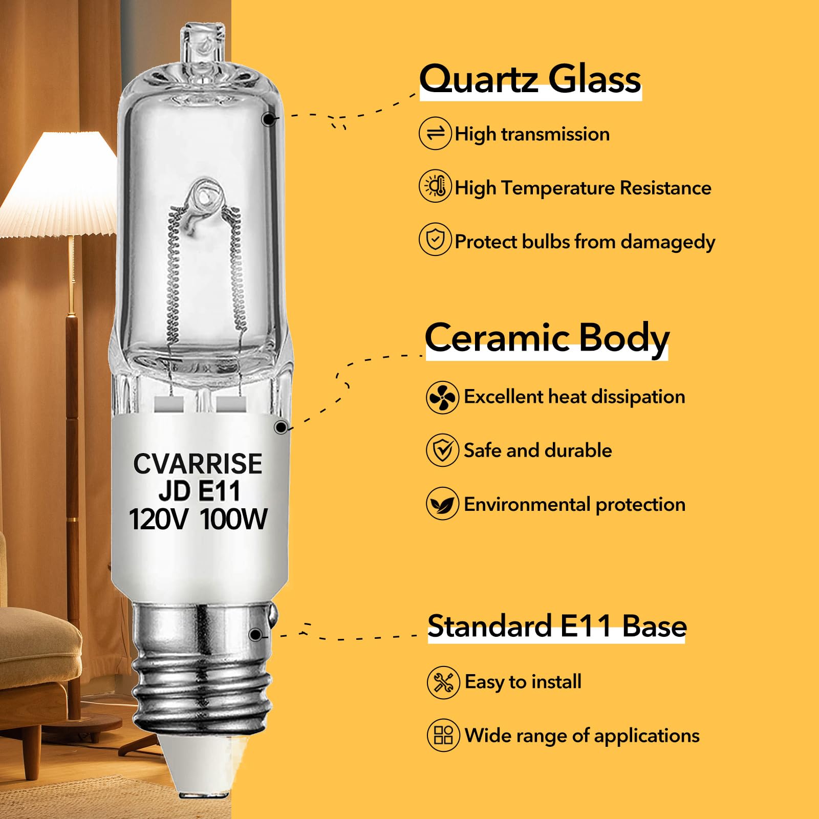 4-Pack JDE11 Bulb, 120V 100W Halogen Candelabra Bulbs, T4 Mini Base JD E11 Bulb, Dimmable 2700K Warm White, High Output, for Chandeliers, Ceiling Fans, Table Lamps, and More(Replacement E11 LED bulb)
