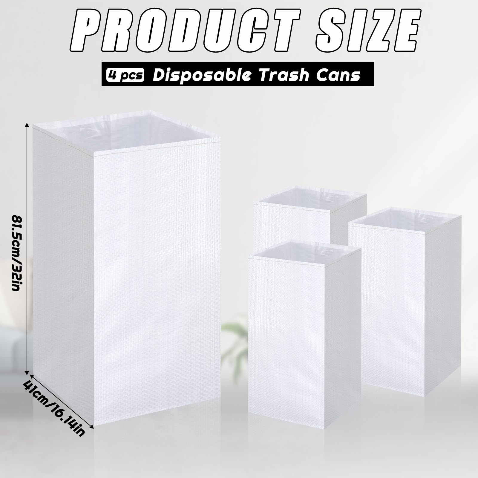 4 Count 40 Gallon Disposable Trash Cans with Waterproof Lining for Events, Reusable Sturdy Garbage Bins for Parties and Weddings, XL Size Trash Can Bin for Garbage and Recycling, 16 x 16 x 31 Inch