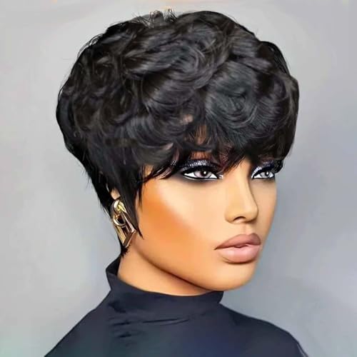 Evasens Pixie Cut Wig Human Hair Wigs for Black Women Short Wigs for Black Women Pixie wig with Bangs Full Machine Made Wig Glueless Wig Natural Wavy Wigs for Women