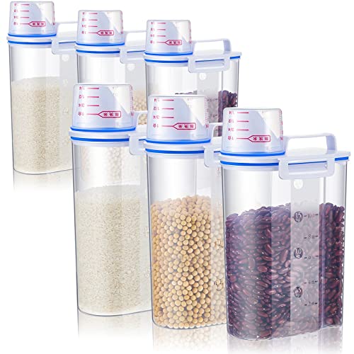 6 Pieces Rice Storage Barrel Rice Cereal Containers Dispenser Clear Kitchen Storage Bin with Pour Airtight Plastic Rice Holder Saver with Seal Buckles Measuring Cup for Cooker Flour