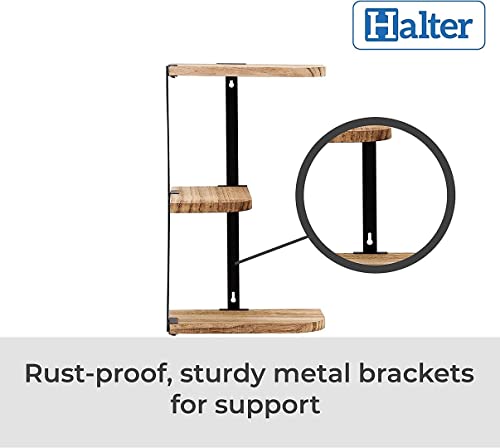 Halter Floating Corner Shelves, Wall Mounted Corner Shelves, Hanging Shelves, Floating Corner Shelves with Metal Brackets for Bathroom, Bedroom, Bookshelves and More, 3 Tier, Brown Wood