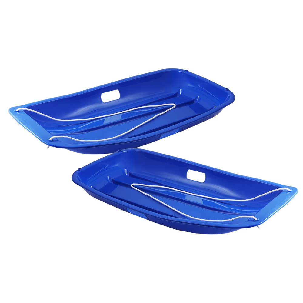 2 Pack Plastic Snow Sled for Kids & Adults, Portable Toddler Baby Toboggan Sled with Pull Rope & 2 Handles (Blue)
