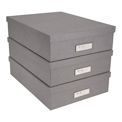 Bigso Oskar Fiberboard Label Frame Document Letter Box | File Organizer Document Box for Important Paperwork | Document Storage Box with a Lid & Metal Label Window | 3.3″x10.2″x13.8″ | Grey