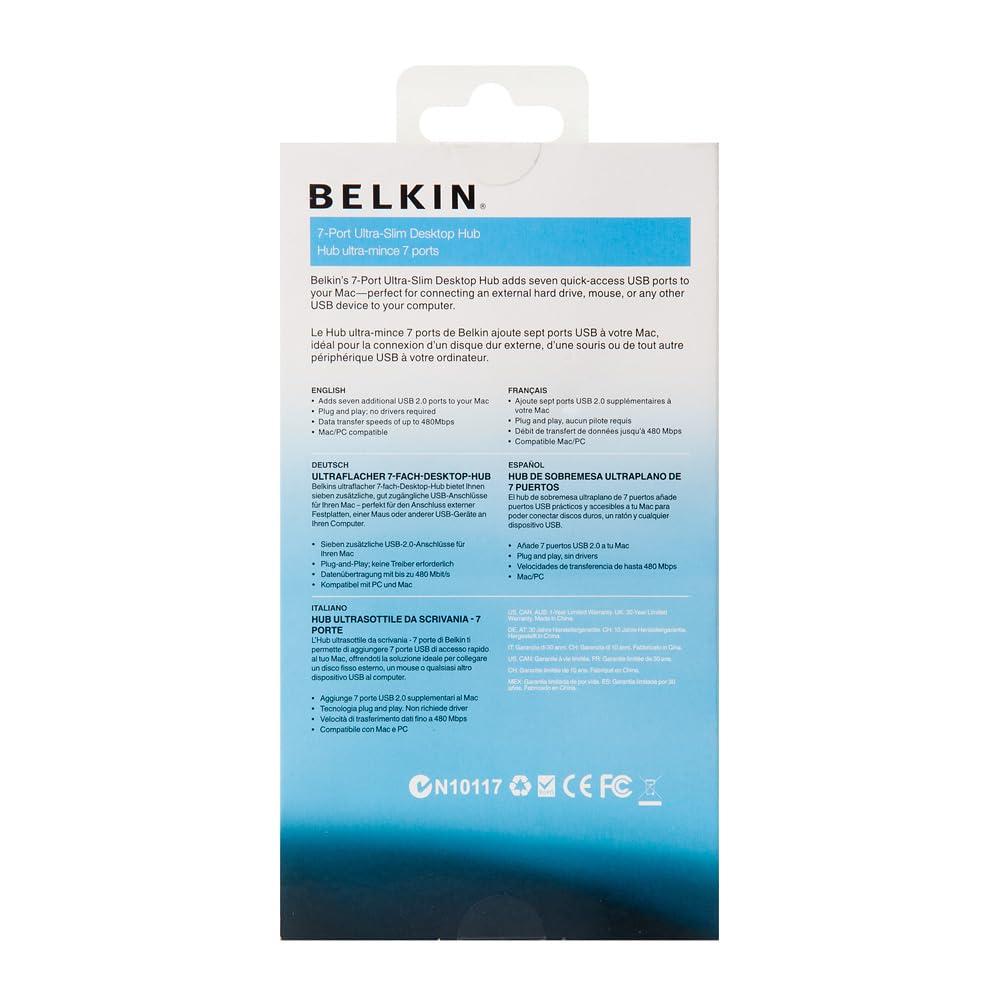 Belkin 7-Port Ultra-Slim Desktop USB Hub - Desktop USB Hub 2.0 - 7 Hi-Speed USB Ports - Compatible With MacOS & Windows For Connecting Charging Cable, Keyboard, Mouse & Any USB-Enabled Devices