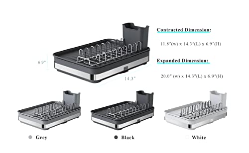 Alta by Auggie Chino Expandable Dish Drying Rack with Drainage Spout, Stainless Steel, Movable Utensil Drainer, (Black)