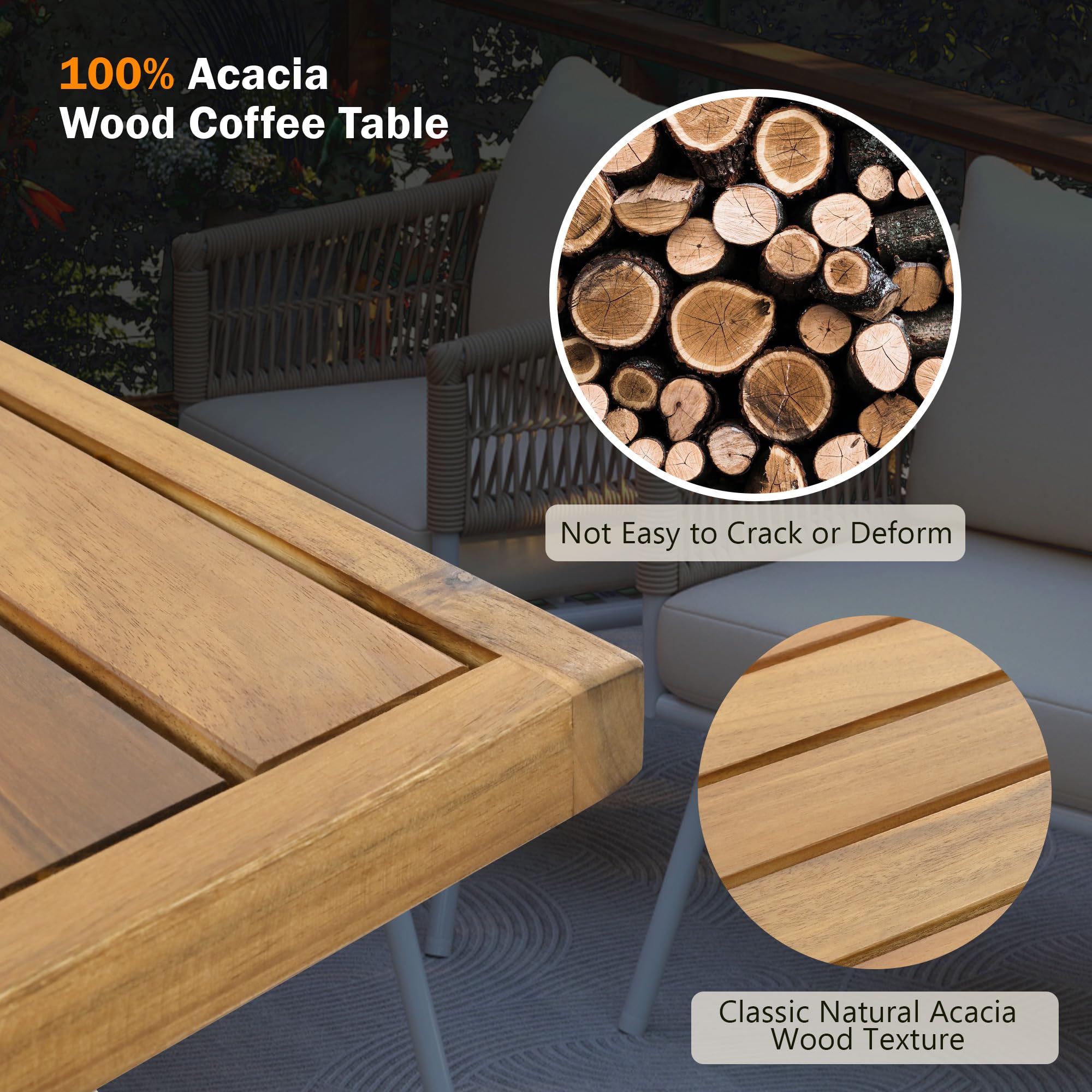 4-Piece Rope Patio Furniture Set, Outdoor Sofa with Acacia Wood Coffee Table, Patio Conversation Set with Deep Seating & Thick Cushion for Backyard Porch Balcony, Beige