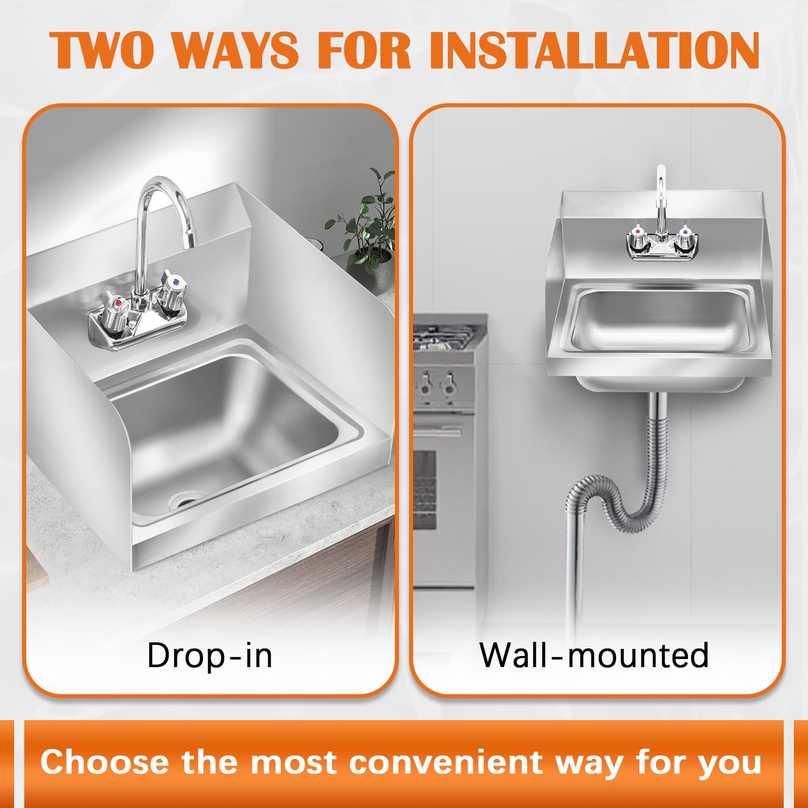 HOCCOT 304 Stainless Steel Sink, Wall Mounted Commercial Restaurant Sink, Hand Washing Sink with Side Splashes, Utility Sink for Restaurant, Kitchen, Bar, Outdoor, Garage, 17"x 15"