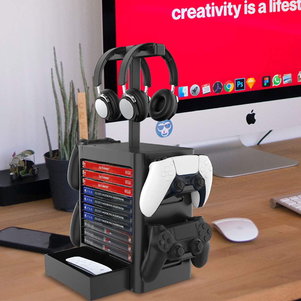 ASFSKY Game Organizer Storage Tower Game Controller Holder ABS Video Game Organizer Multifunctional Game Disk Rack Controller Organizer Headset Holder for PS5 PS4 Xbox Gamer Gifts