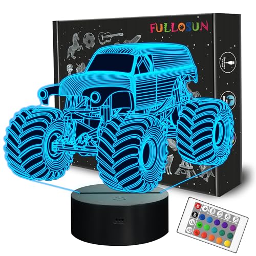 FULLOSUN Monster Truck Gifts, Car, Dirt Bike 3D Night Light for Kids (4 Patterns) with Remote Control & 16 Colors Changing & Dimmable Function & Gift Wrap, Xmas Birthday Gifts for Boy Girl (KIT1)
