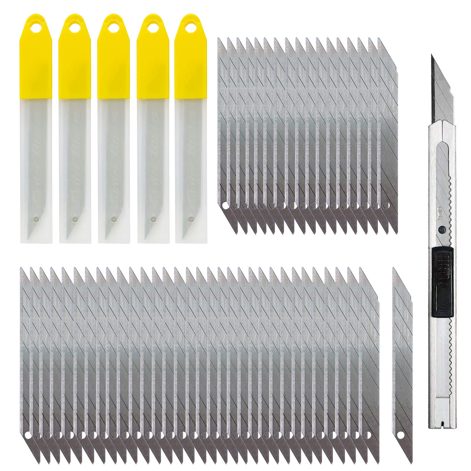 9mm Utility Knife Blades Replacement, 50 Pcs Snap-Off Blades with a Retractable Utility Knife, Carbon Steel Blades For Vinyl Knife, Box Cutter, Craft Knife, Use in Office, Home, Arts, Crafts