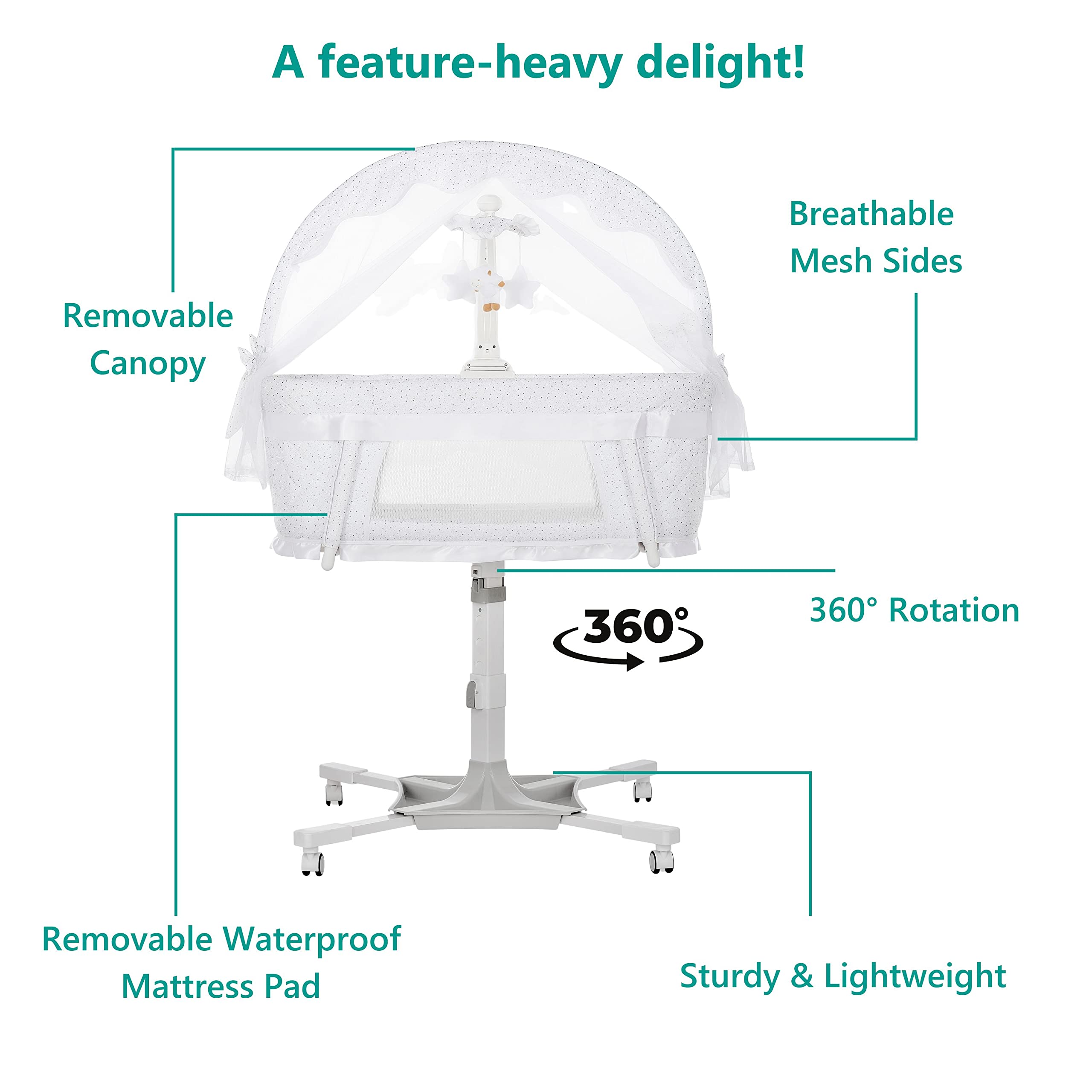Dream on Me Breeze Swivel Baby Bassinet in White, 4 Adjustable Height Positions, Sturdy and Lightweight Portable Bassinet, Breathable Mesh Sides with Waterproof Mattress Pad