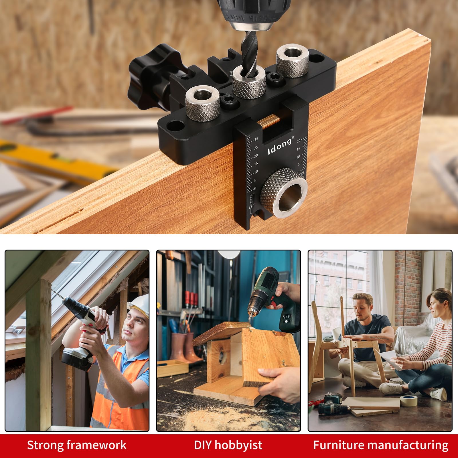 3-in-1 Pocket Hole Jig Kit for straight holes, 8/10/15 mm Pocket Hole Wooden Dowel Drilling Template Set with Positioning Clip Adjustable Drill Guide Puncher Locator (Self Centering Doweling Jig Kit)