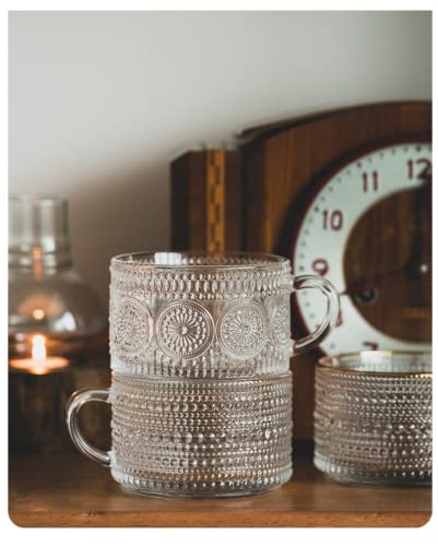 Bandesun Vintage Glass Coffee Mugs Tea Cups, 14 Oz Set of 2 - Stackable Embossed, Glassware with Handle, for Cappuccino, Latte, Cereal, Yogurt, Beverage Hot/Cold, Milk