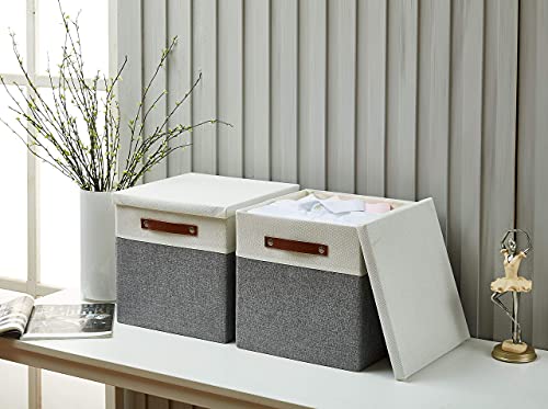 DECOMOMO Cube Storage Bins | Fabric Storage Cubes with Lid Closet Organizer Cubby Bins for Shelves Cloth Nursery Decorative Basket with Handles (Grey and White, 13 x 13 x 13 inch)
