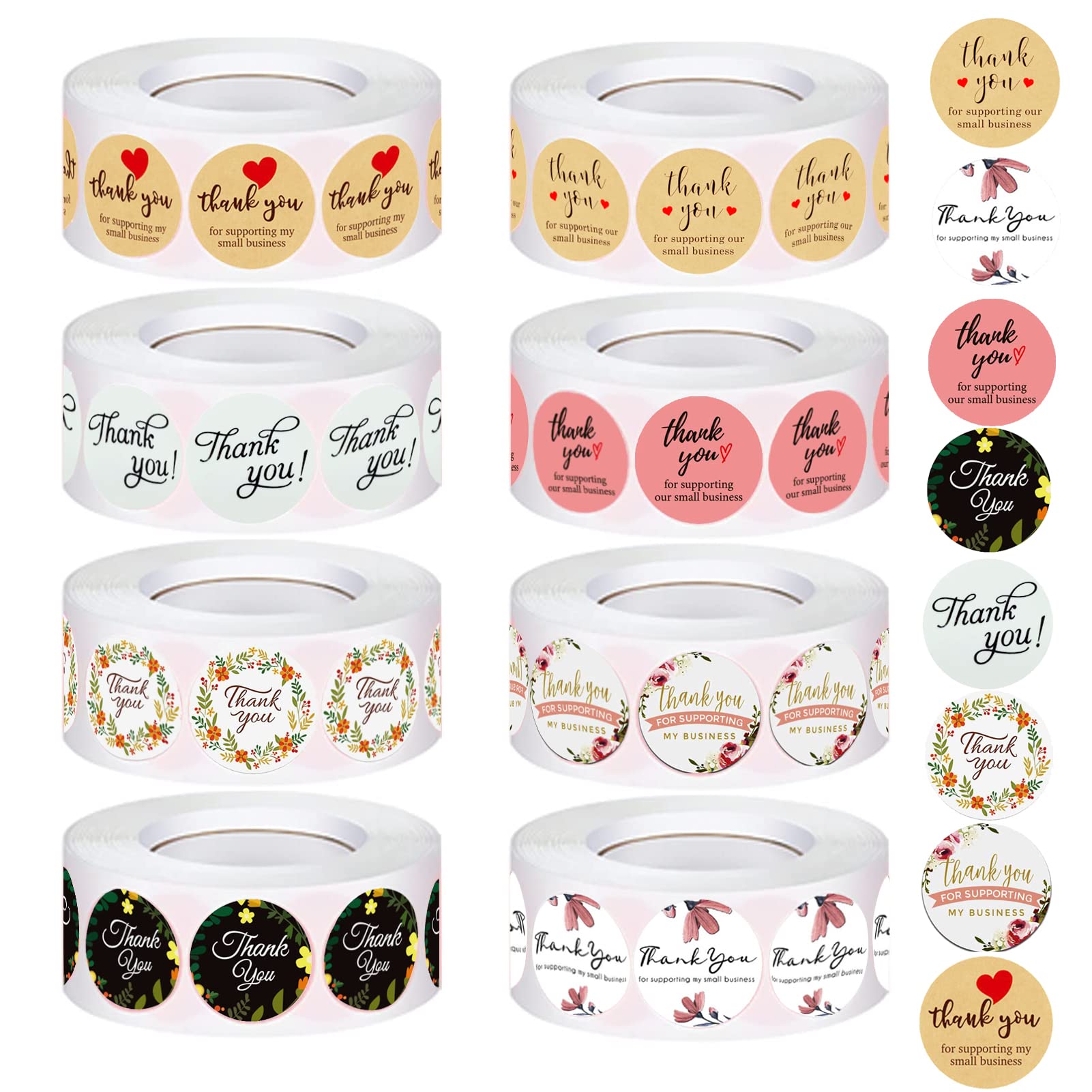 4000Pcs 1 inch Thank You Stickers Small Business, Thank You Stickers for Packaging with 8 Design Thank You Stickers Lables for Envelope Seals, Gift Wrap Bag and Crafts(8 Rolls, Each roll 500Pcs)