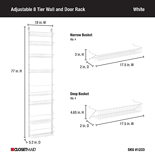 ClosetMaid Adjustable Organizer Rack with Baskets Wall or Over Door Mount, for Kitchen, Pantry, Utility Room, Closet, 18 in. W, White Finish, Inch