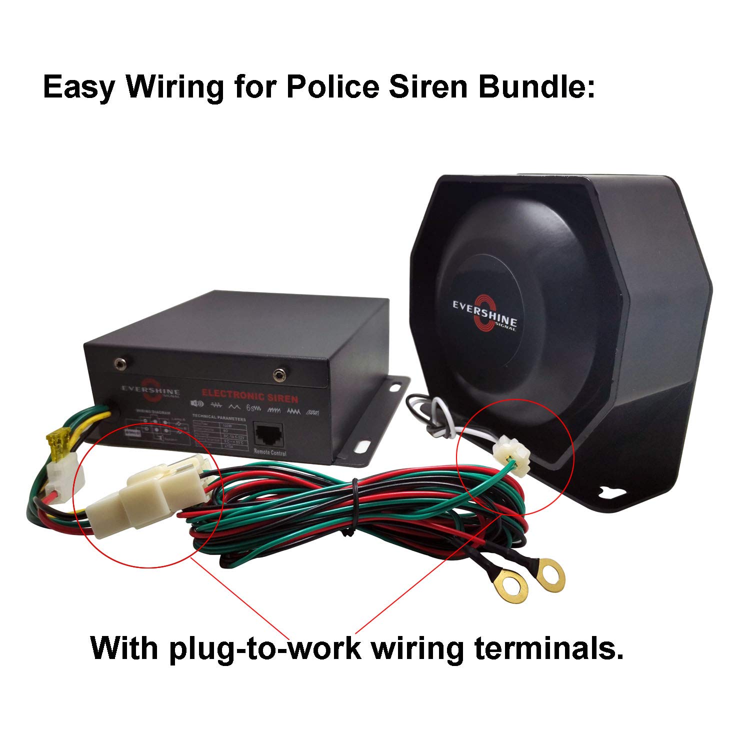 Evershine Signal 12V/24V 100W Police Siren PA System Kit with Plug-to-Work Wirings Slim Speaker Handheld Microphone Warning Emergency Sirens for Vehicles Tow Truck UTV ATV Van Car POV RV