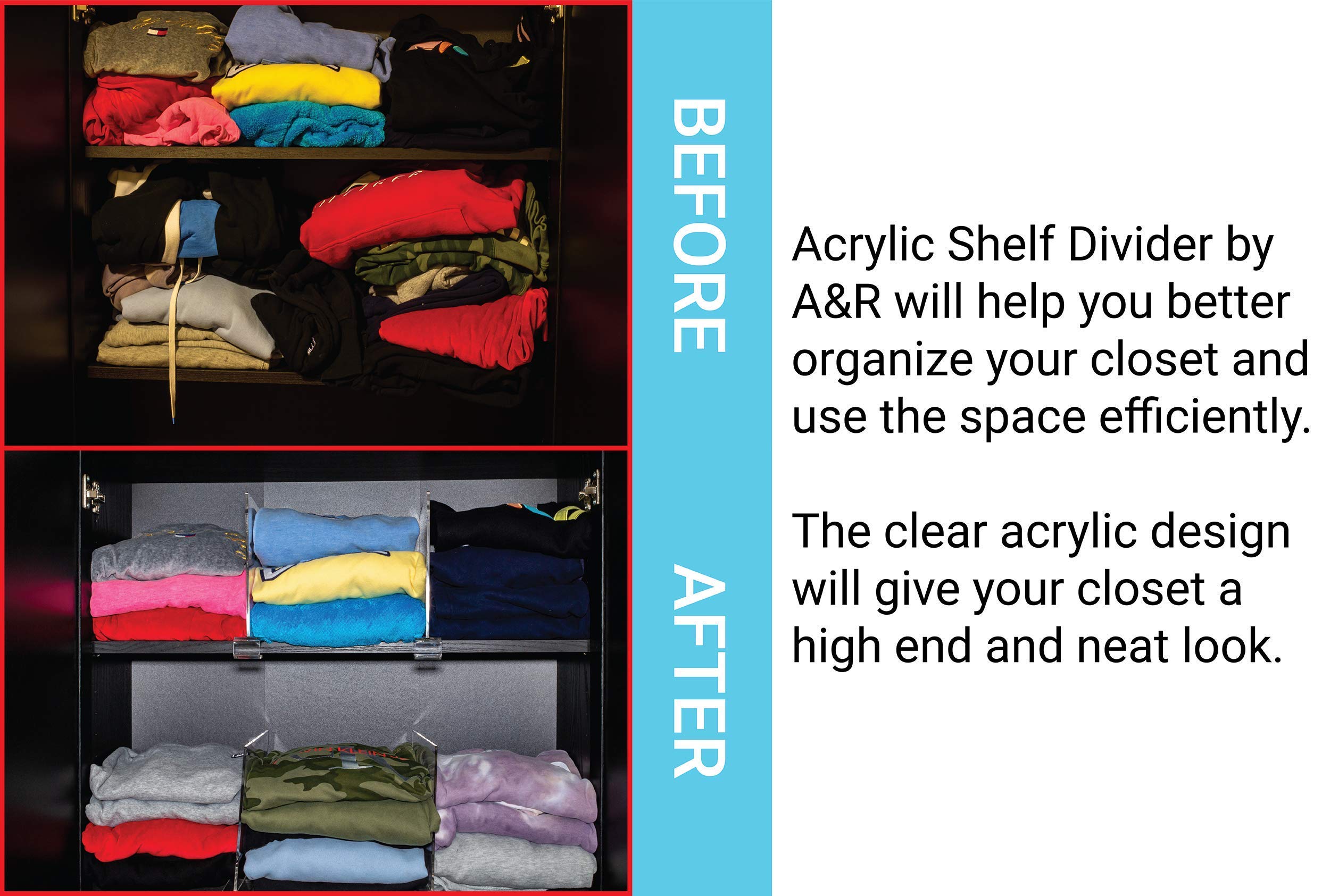 A & R 8 Pack Acrylic Shelf Dividers for Closet - Clear Shelf Organizer for Clothes - Adjustable Storage Separators in Bedroom and Office - Suitable for Wooden or Vertical Shelves
