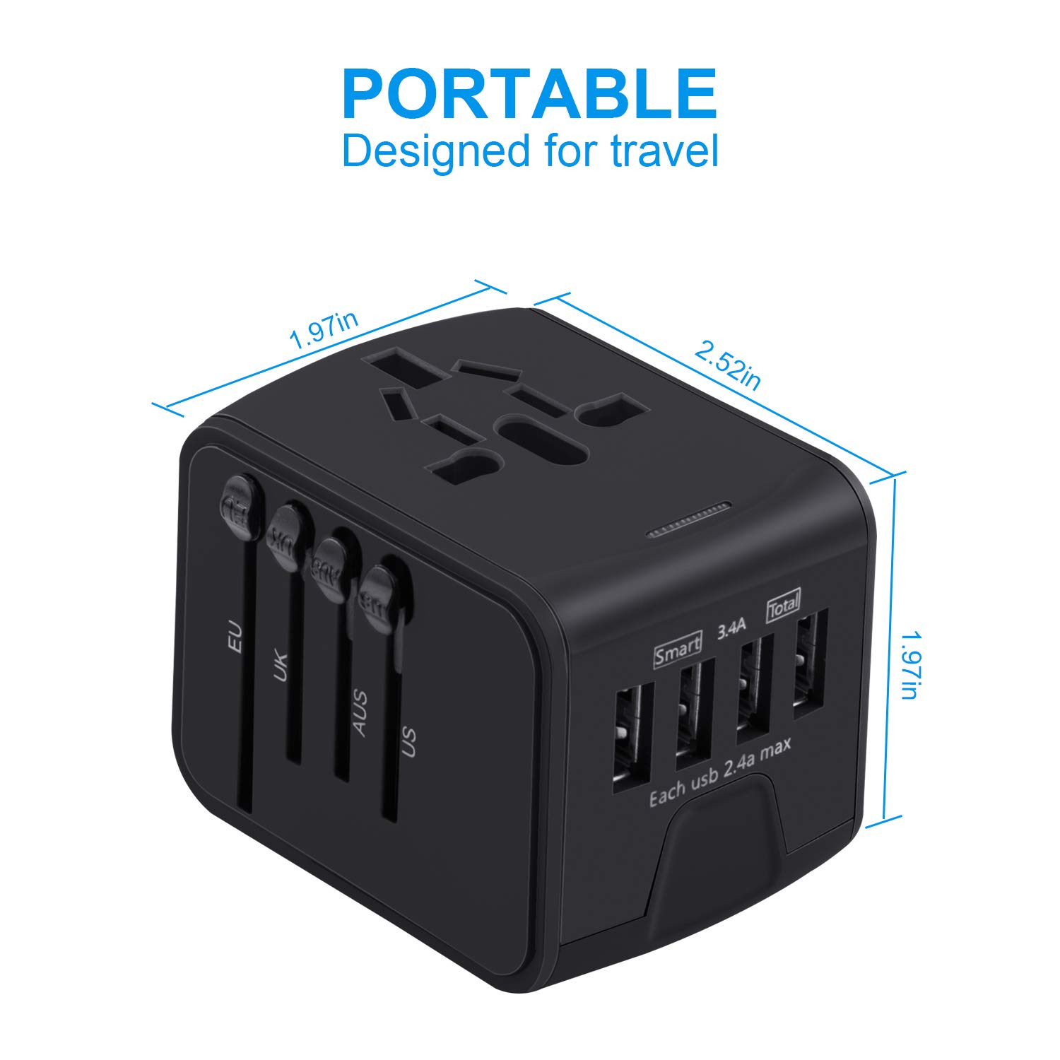 International Travel Adapter Universal Power Adapter Worldwide All in One 4 USB with Electrical Plug Perfect for European US, EU, UK, AU 160 Countries (Black)