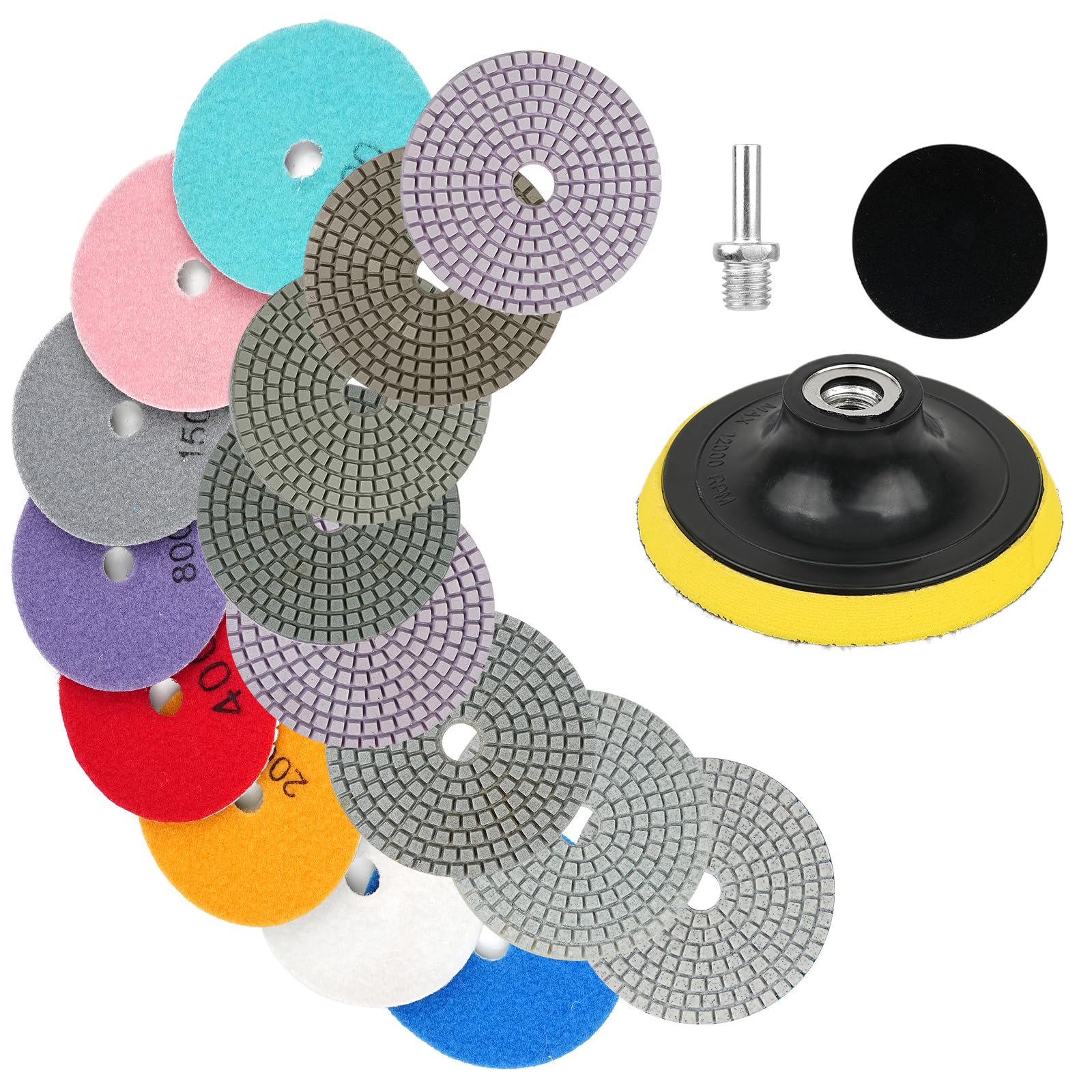 4 Inch Diamond Polishing Pads, 8Pcs Diamond Water Grinding Discs with Nylon Back Velvet 50/100/200/300/400/800/1500/3000 Grit with A Drill Adapter, Disc, Wool Disc for Granite Marble Concrete