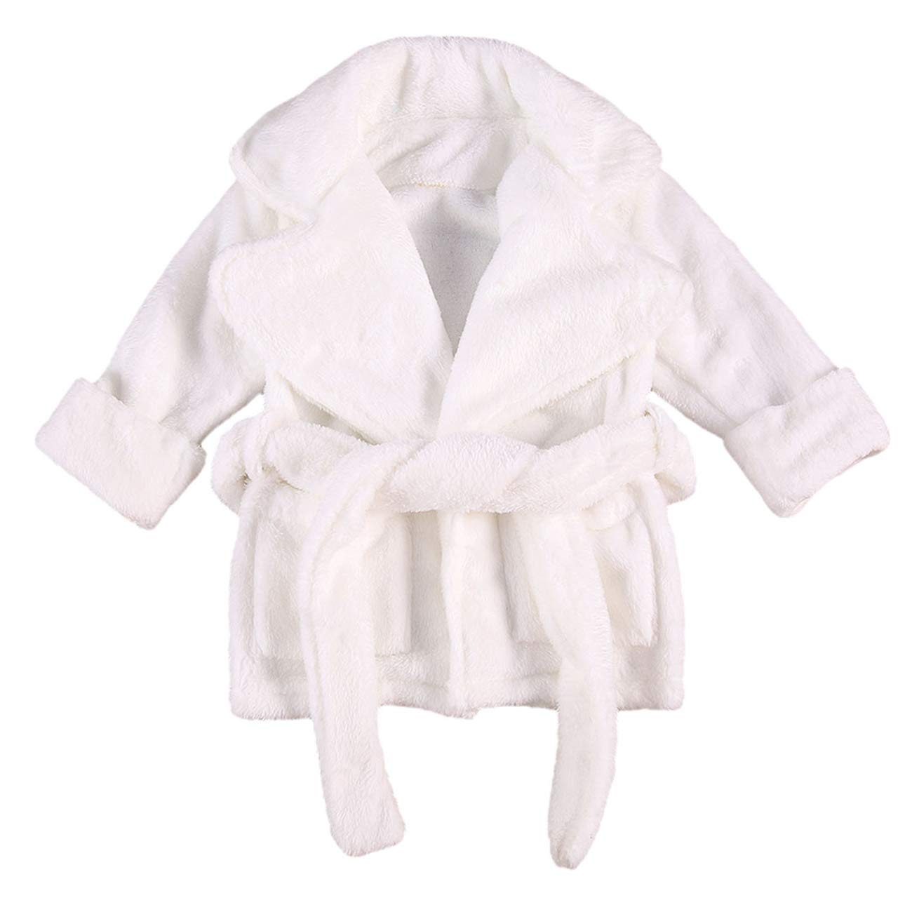 Qiylii Unisex Baby Plush Bathrobe Plain Kimono Gown Newborn Toddler Girls Boys Towel Robe Nightwear Clothes (White, 12-24 Months)