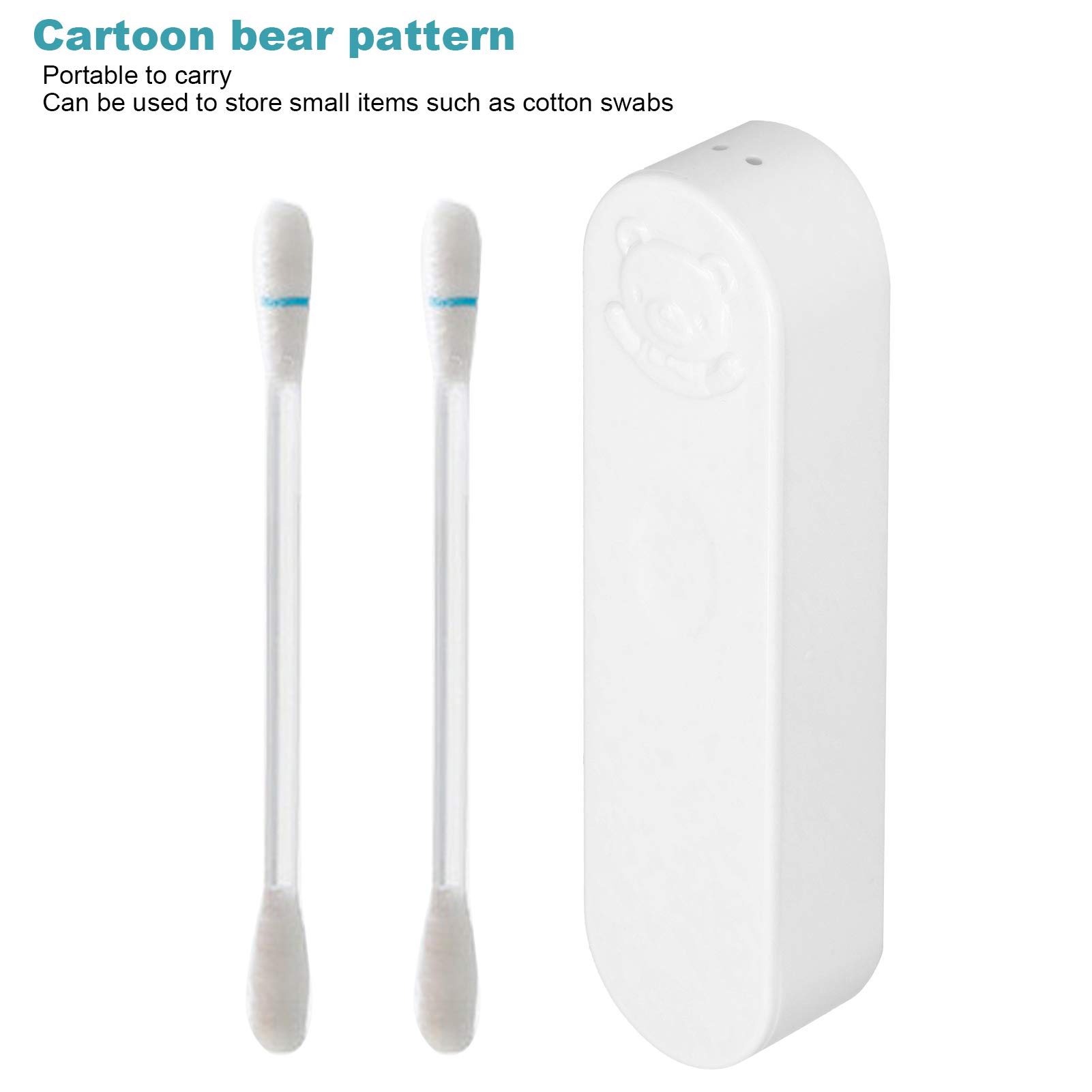 Zerodis Cotton Swab Box, Cartoon Bear Pattern Mini Travel Swab Case Unique Keepsake Trinket Box with Cover for Home Office(White)