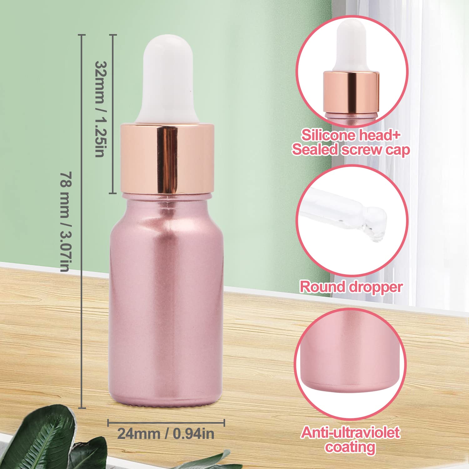 6 Pcs,10ml Coated Pink Glass Essential Oil Dropper Bottle,Empty Thick Glass Perfume Diffuser Vials With Glass Pipette&Rose-Gold Lid Travel Liquid Holder,Ray Protection Container-FREE 2 Funnel