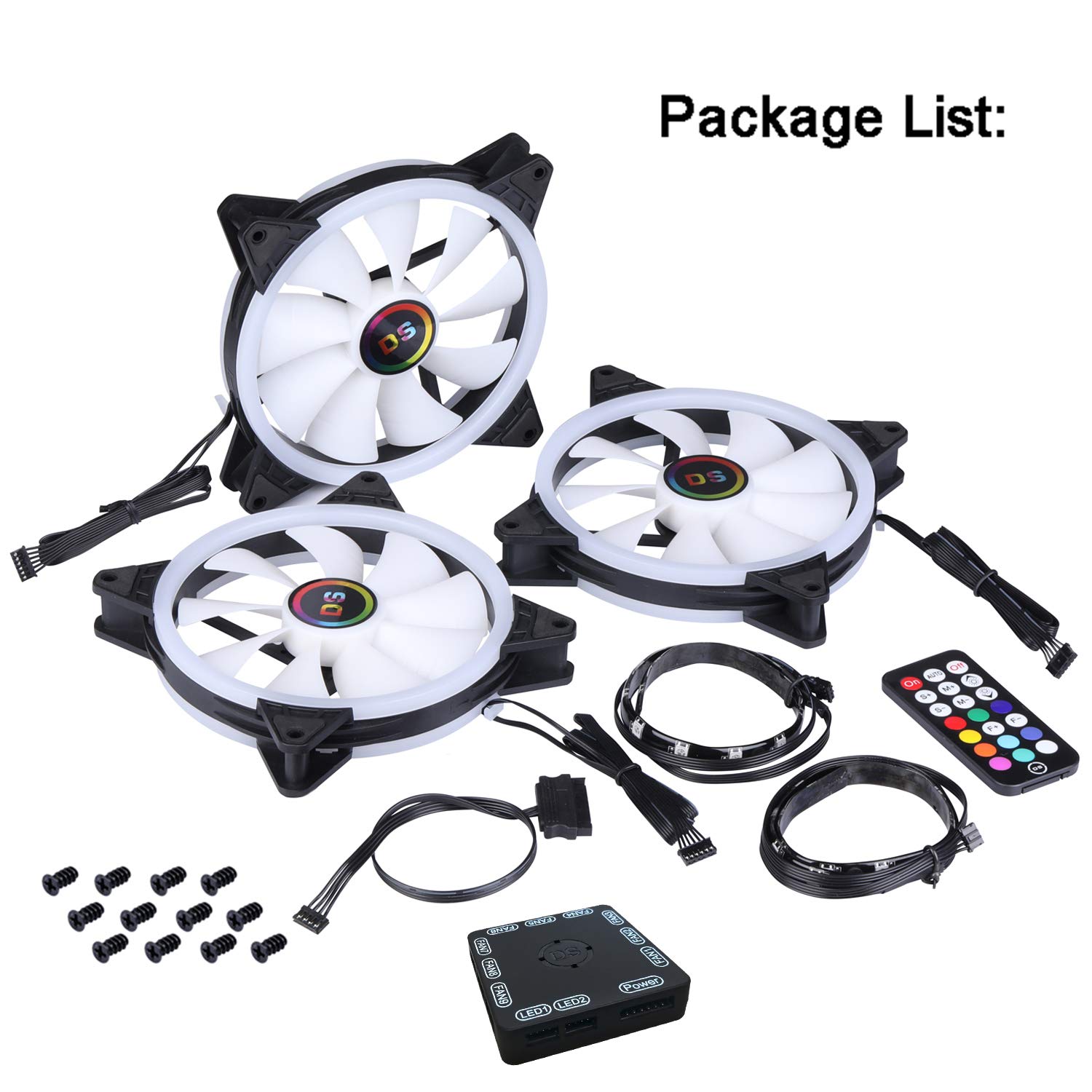 DS 140MM LED Fans with Controller for PC Cases, Addressable RGB Fans for Computer Case, CPU Coolers, Radiators System (3Pack RGB Fans, 2Pack PC LED Strips, 4th GEN Hub Box, A Series)