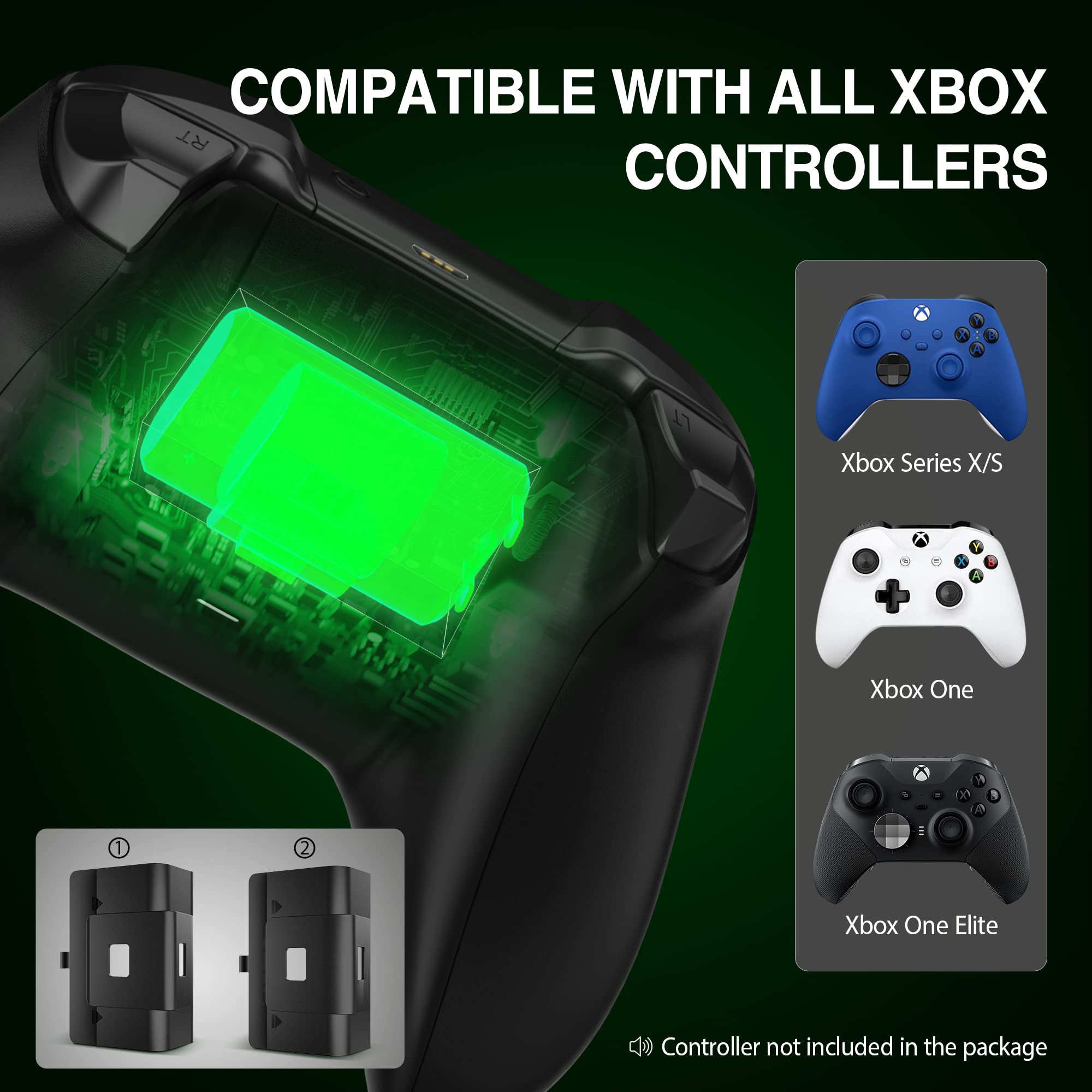 2 Pack Rechargeable Controller Battery and 10FT Controller Charger Charging Cable for Xbox One/S/X and Xbox One Elite controller