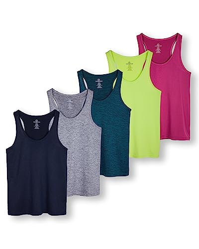 5 Pack: Womens Quick Dry Fit Ladies Tops Blouse Tee Athletic Yoga Workout Running Gym Active Tees Exercise Women Racerback Sleeveless Flowy Fitness Loose Fit Moisture Wicking Tank Top- Set 12, L