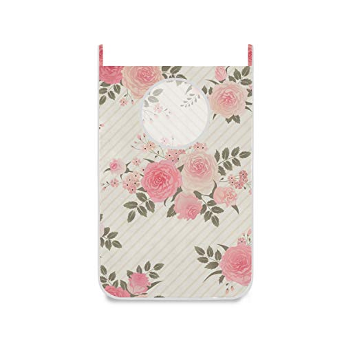 Hanging Laundry Bag Pink Flowers Door Hanging Laundry Hamper with Stainless Steel Hooks Wall Laundry Nook with Adhesive Hooks 1 PC