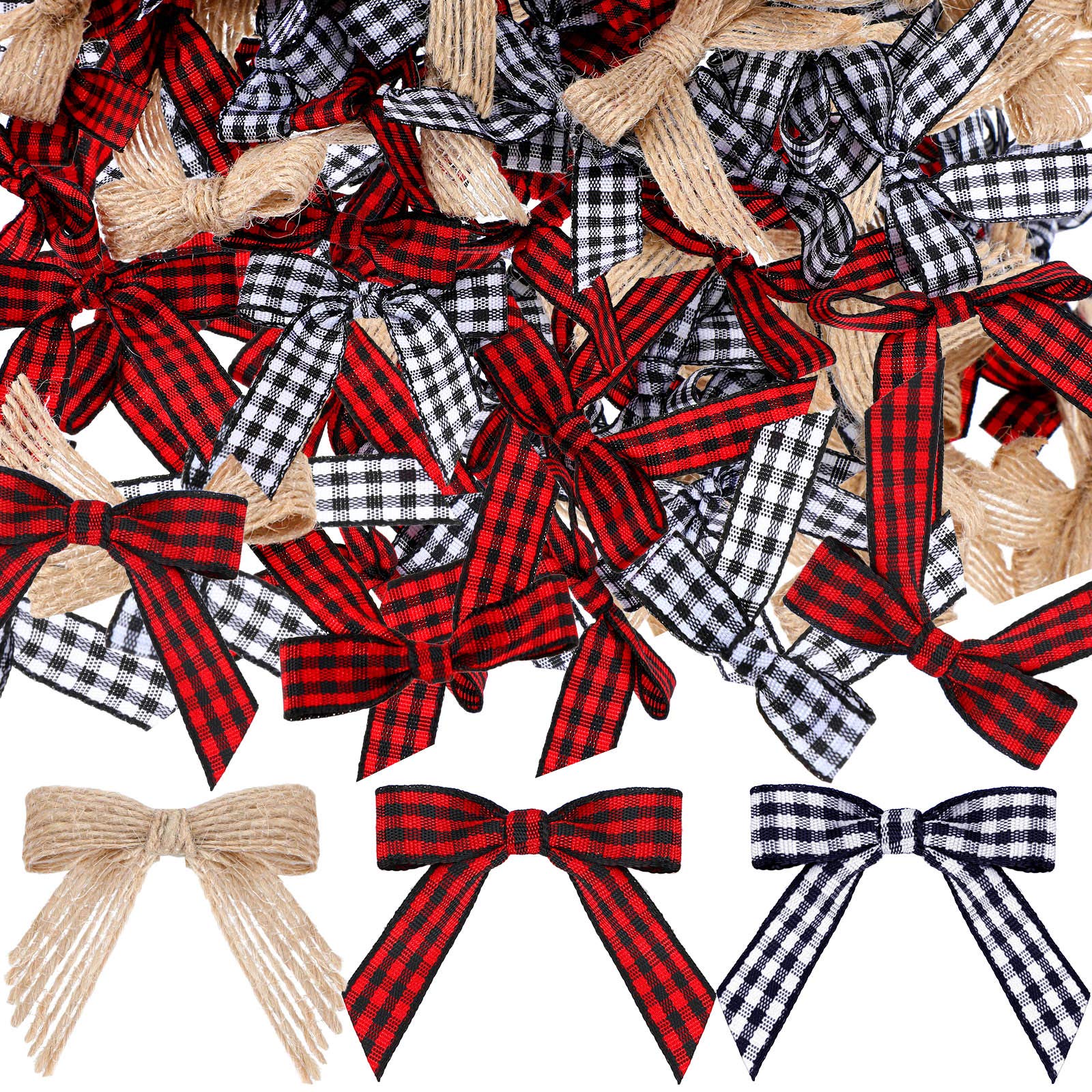 60 Pieces Christmas Mini Bows for Crafts Small Craft Bows Mini Buffalo Plaid Bow Red and Black Checkered Bows Gingham Ribbon Bows Farmhouse Home Decoration for Christmas Tree DIY Crafts, 3 Colors