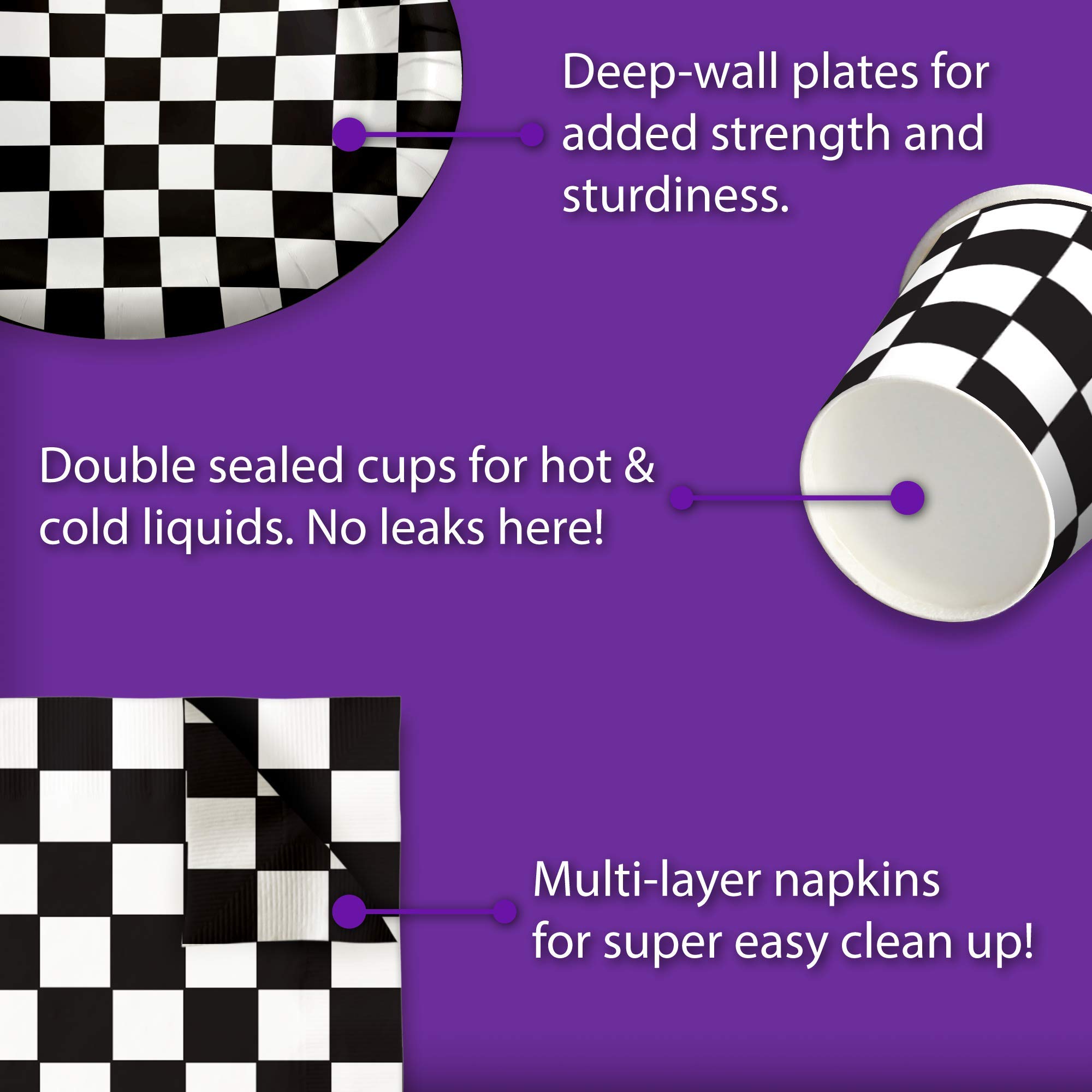 Checkered Flag Party Supplies - Black and White Checkered Party Supplies - Race Car Theme Party | Tableware Set Includes Plates Napkins and Cups | Kit for 16