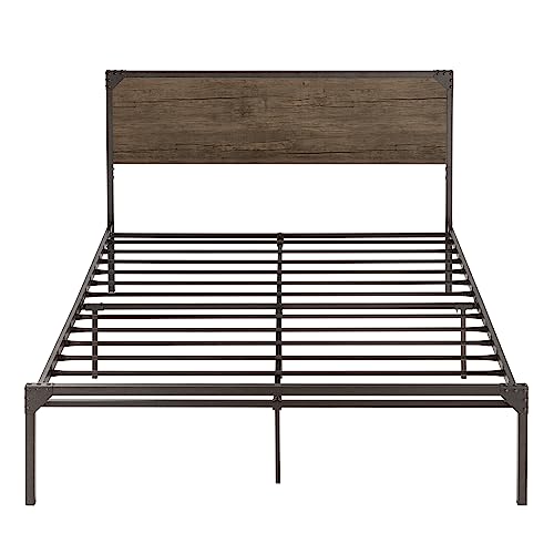 Allewie Full Size Bed Frame with Wood Headboard, Metal Platform Frame with Strong Slats and Rivet Decoration, Easy Assembly, No Box Spring Needed, Noise Free, Brown