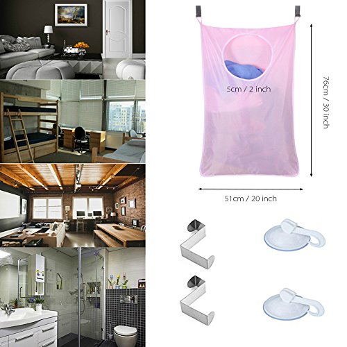 CMJLBM Oxford Fabric Space Saving Door-Hanging Laundry Hamper Bag with Pocket Foldable Large Dirty Clothes Storage Organizer with 2 Stainless Steel Door Hooks & 2 Suction Cups for Bedroom (Pink)