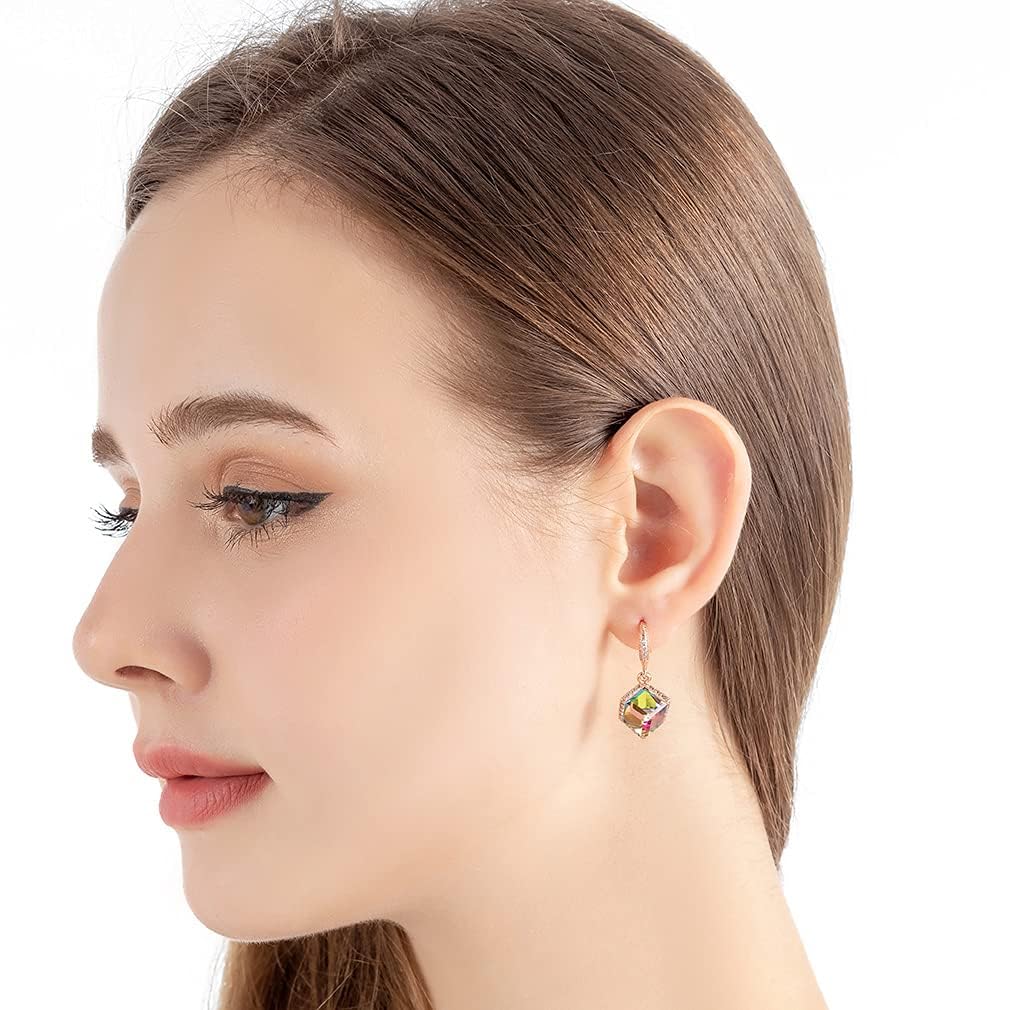 Austrian Crystal Cube Drop Dangle Earrings for Women 14K Gold Plated Hypoallergenic Jewelry (Rainbow/Rose Gold-tone)