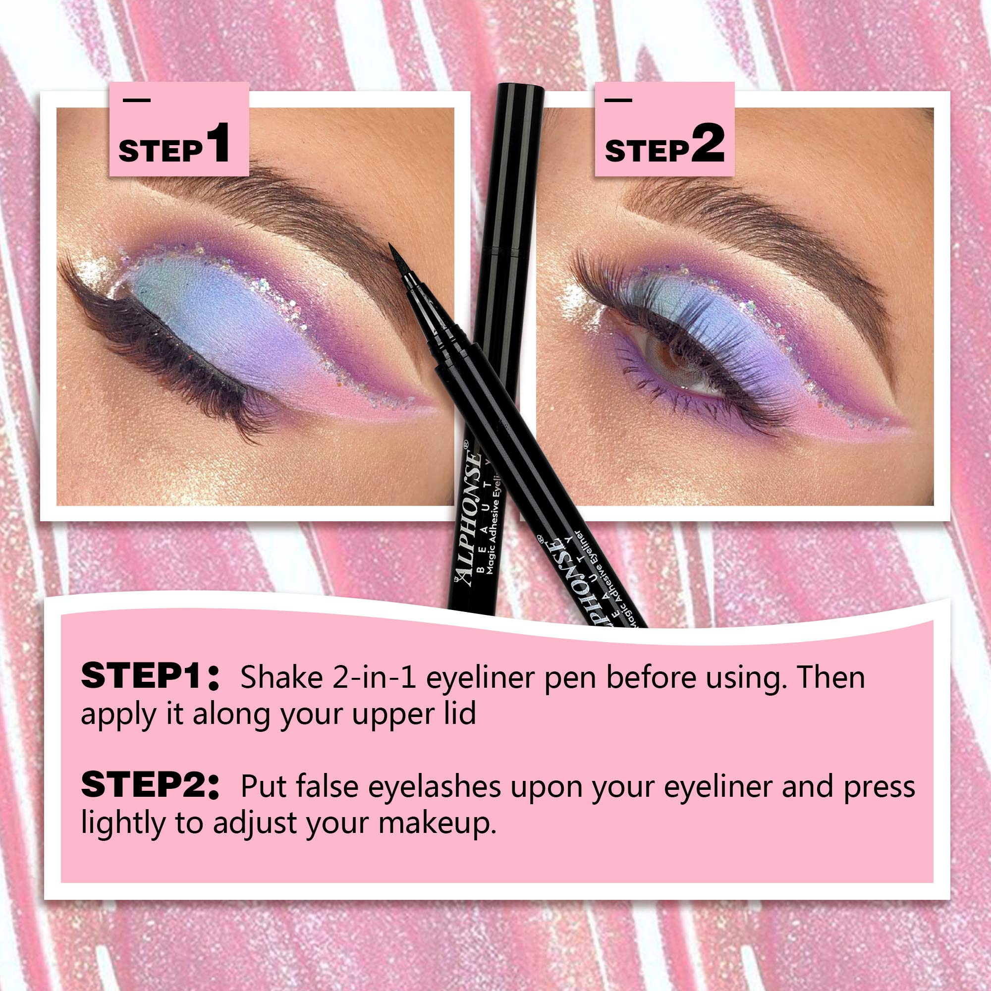 2-In-1 Self-Adhesive Eyeliner Instead of Eyelash Glue, ALPHONSE Waterproof Liquid Black Eyeliner Strong-Hold Eyeliner No Magnets No Glue