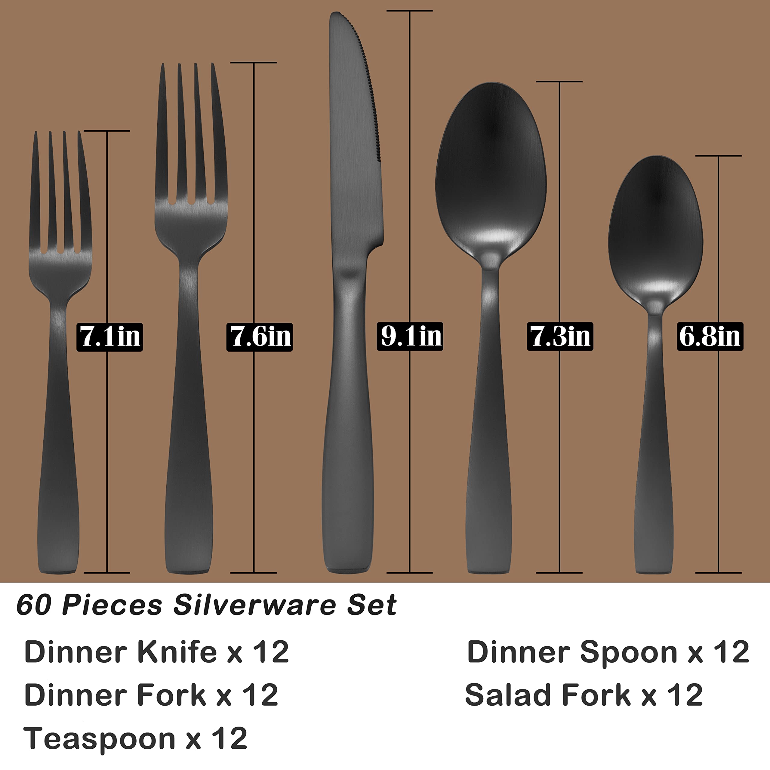 60-Piece Black Silverware Set for 12, HaWare Stainless Steel Flatware with Mellow and Full Square Handle, Cutlery Set for Home Kitchen, Include Fork Knife Spoon, Matte Finish, Dishwasher Safe