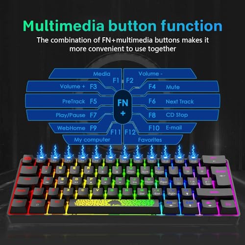 60% Compact Type c - Usb Wired Mechanical Keyboard UK, Blue Switch, RGB Backlit Rainbow LED, Anti-Ghosting, Media Keys, Laser carving, Ergonomic Aesthetic, for Computer PC Laptop PS4 XBOX - Black