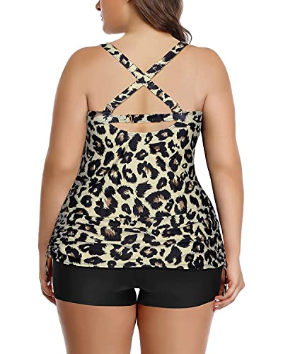 Aqua Eve Women Two Piece Plus Size Swimsuit High Neck Tankini Set Tummy Control Bathing Suit with Shorts Leopard 18W