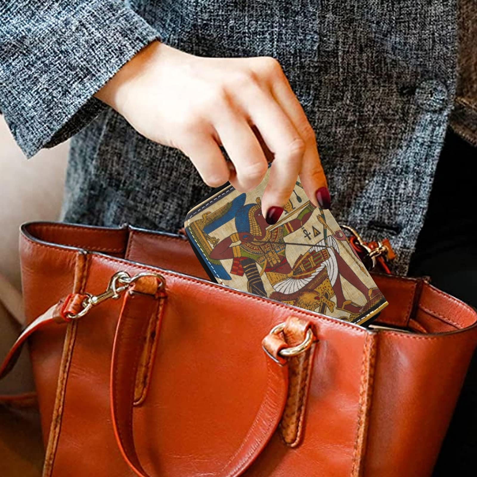Ancient Egyptian Egypt Grey Credit Card Coin wallet, RFID Blocking Compact Women Leather Card Holder, Key Change Organizer, Zipper Purse Clutch Pouch Pocket