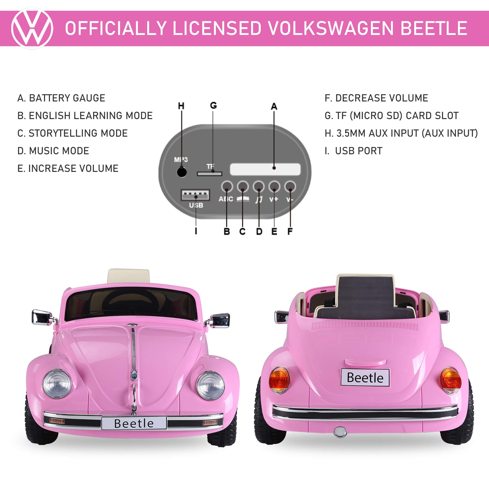 Aosom Licensed Volkswagen Beetle Electric Kids Ride-On Car 6V Battery Powered Toy with Remote Control Music Horn Lights MP3 for 3-6 Years Old Pink