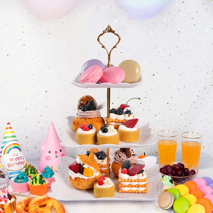 Barelove 3 Tier Plastic Cupcake Stand, Cake Display Tiered Serving Tray, 2 Pack Plastic Dessert Pastry Candy Platter Holder Tower for Wedding, Birthday, Tea Party, Baby Shower Decor (Square, White)