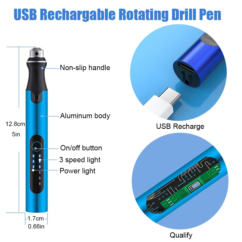 3-Speed Cordless Mini Drill Pen With 8 Small Drill Bits,Rechargeable Electric Hand Drill Pin Vise,Resin Drill Set For Jewelry Making,Resin,Plastic,Wood,Keychains DIY (BLUE)