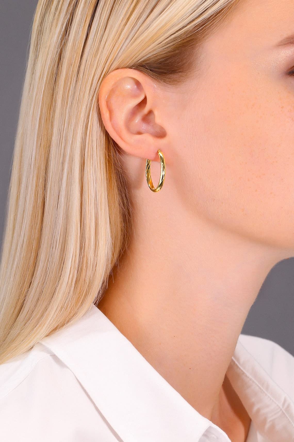 14K Gold Hoop Earrings with Spiral Ridges, Oval and Round Available (Oval Two Tone)