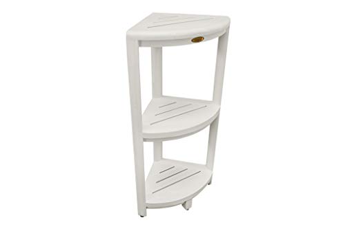 CoastalVogue SnazzyCorner Teak Corner Shower Shelf Wood Corner Shelf 3-Tier Corner Shower Shelf in Antique White Finish β 33 inches Tall