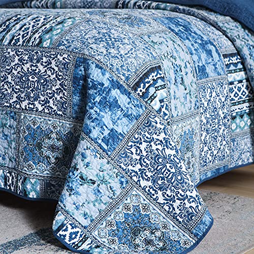 Blue Bohemain Bedspread King Quilt Set, 100% Cotton Coverlet King, Reversible Rustic Patchwork Printed Bedding Quilt Coverlet, 3 Pieces Boho Cotton Quilt Set for All Season King for Summer 94βx106ββ