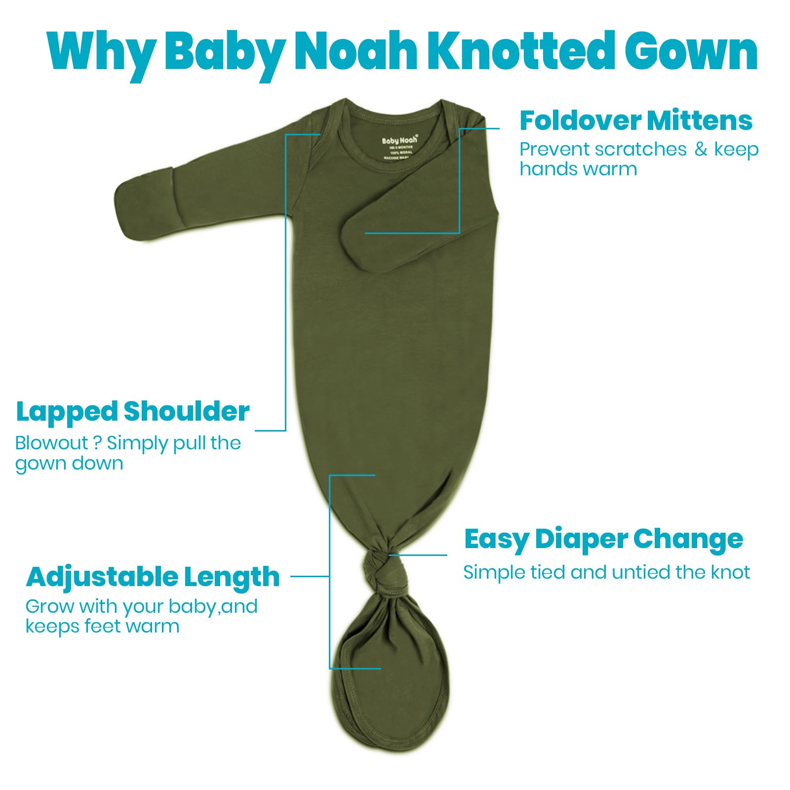 Newborn Baby Knotted Gown, Super Soft Silky Infant Long Sleeve Sleeper for Baby Girl and Boy Sleeping Bag with Mittens and Hat Set (Extra Long)