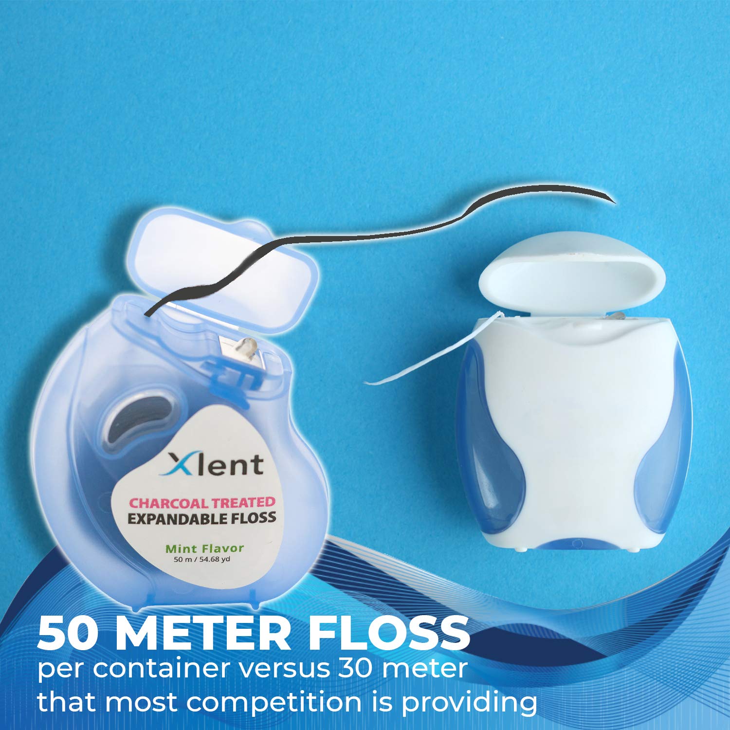 Expandable Dental Floss Treated with Activated Charcoal with Xylitol and Natural Plant Based Wax | Mint Flavor | PFAS & PTFE Free | Pack of 2 (50 m Floss Containers)