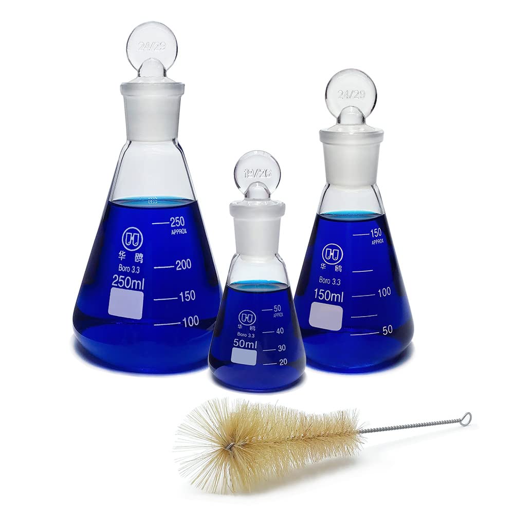 HUAOU 3pcs Glass Erlenmeyer Flask Set, 50ml 150ml 250ml Laboratory Flask with Stopper, Lab Chemistry 3.3 Borosilicate, Narrow Mouth, Printed Graduation, Conical Flask with Cleaning Brush